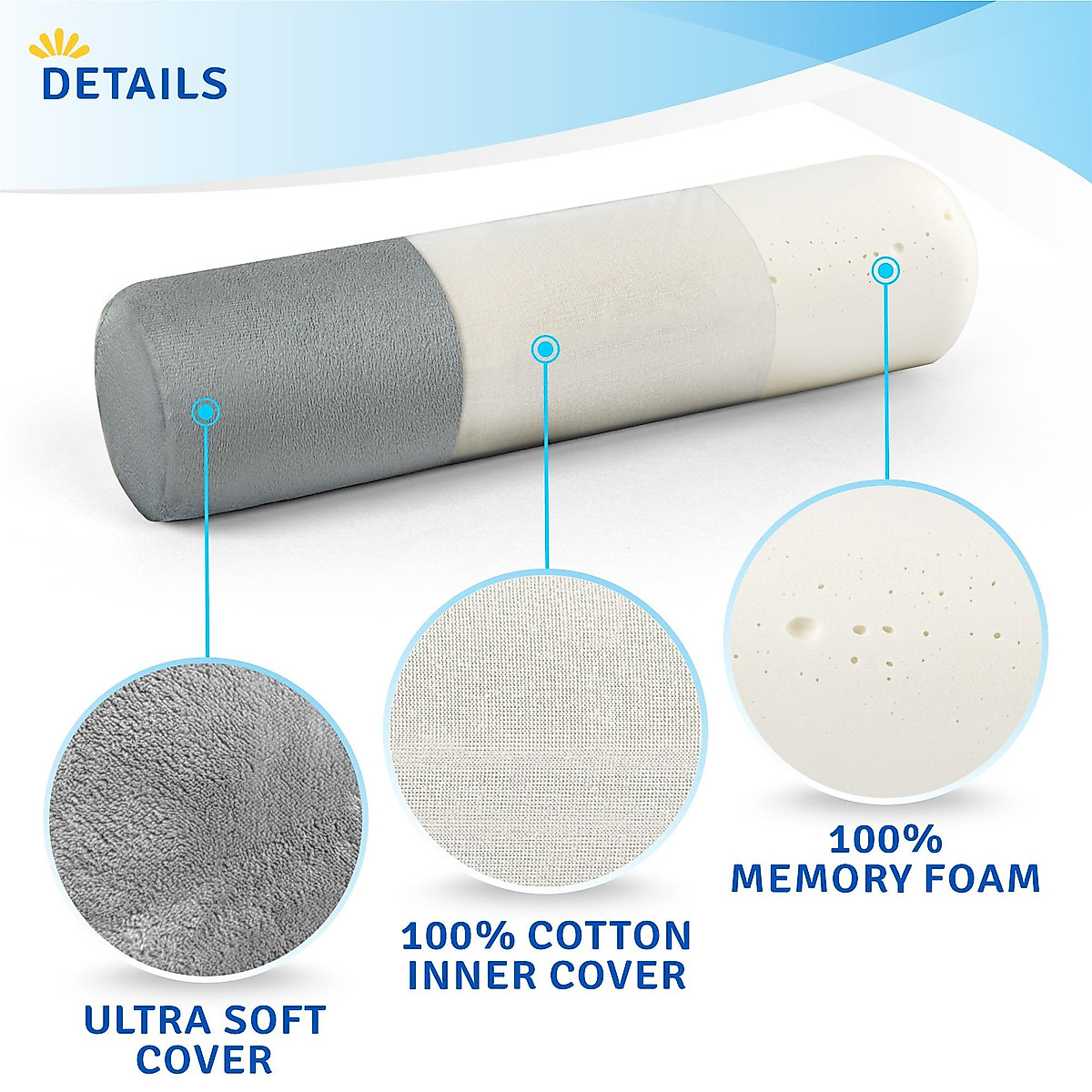 Healthex Cervical Neck Roll Pillow, Memory Foam Pillow, Cylinder Round Pillow, Pain Relief Neck Pillows for Sleeping Support, Removable Washable Cover (Grey)