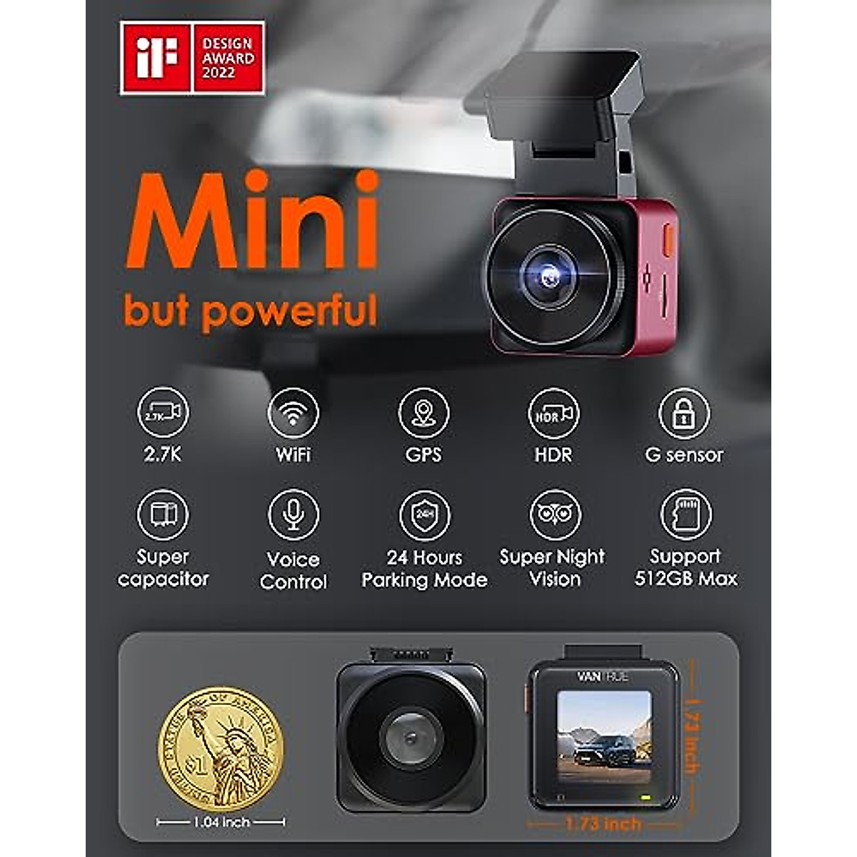 Vantrue E1 2.7K WiFi GPS Mini Dash Cam 1944P Voice Control 1.54" LCD Front Red Car Camera with Free APP, Night Vision, 24 Hours Buffered Motion Parking Mode, Wireless Controller, Support 512GB Max