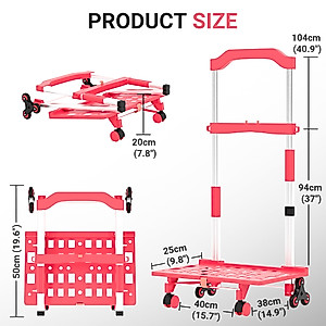 Folding Hand Truck, 200 lbs Durable Luggage cart with All-Terrain Triple Wheels, Multifunctional and Compact Dolly cart with Wheels for Shopping, Moving and Traveling, Pink