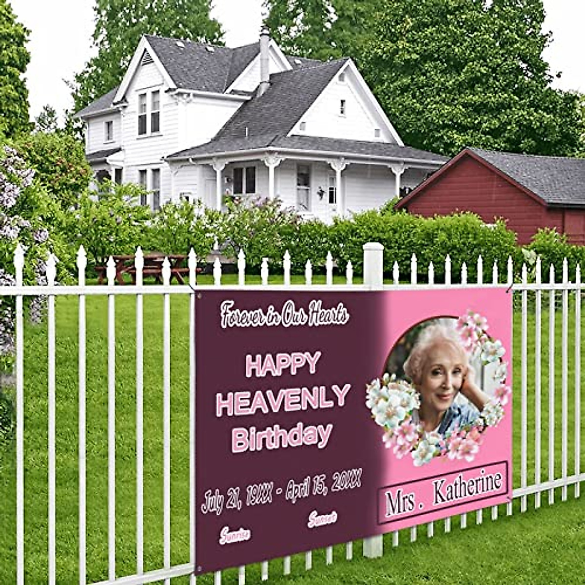Custom Memorial Banner, Personalized Birthday Banners in Memory with Photo Name Date, Customizable Polyester Happy Heavenly Birthday for Outdoor Porch Patio Decorations 47x71 inches