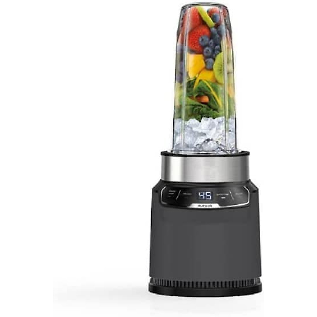 Ninja BN401-A Nutri Pro Compact Personal Blender, Auto-iQ Technology, 1100-Peak-Watts, for Frozen Drinks, Smoothies, Sauces & More, with (2) 32-oz. To-Go Cups & Spout Lids, Gray (2) 32-oz. To-Go Cups, Dark Gray)