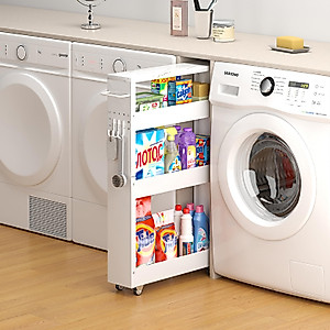 XYZLVSI Slim Storage Cart, 5 in Width, 4-Tier White Rolling Cart with Handle & Wooden Top for Kitchen Bathroom Laundry Narrow Places