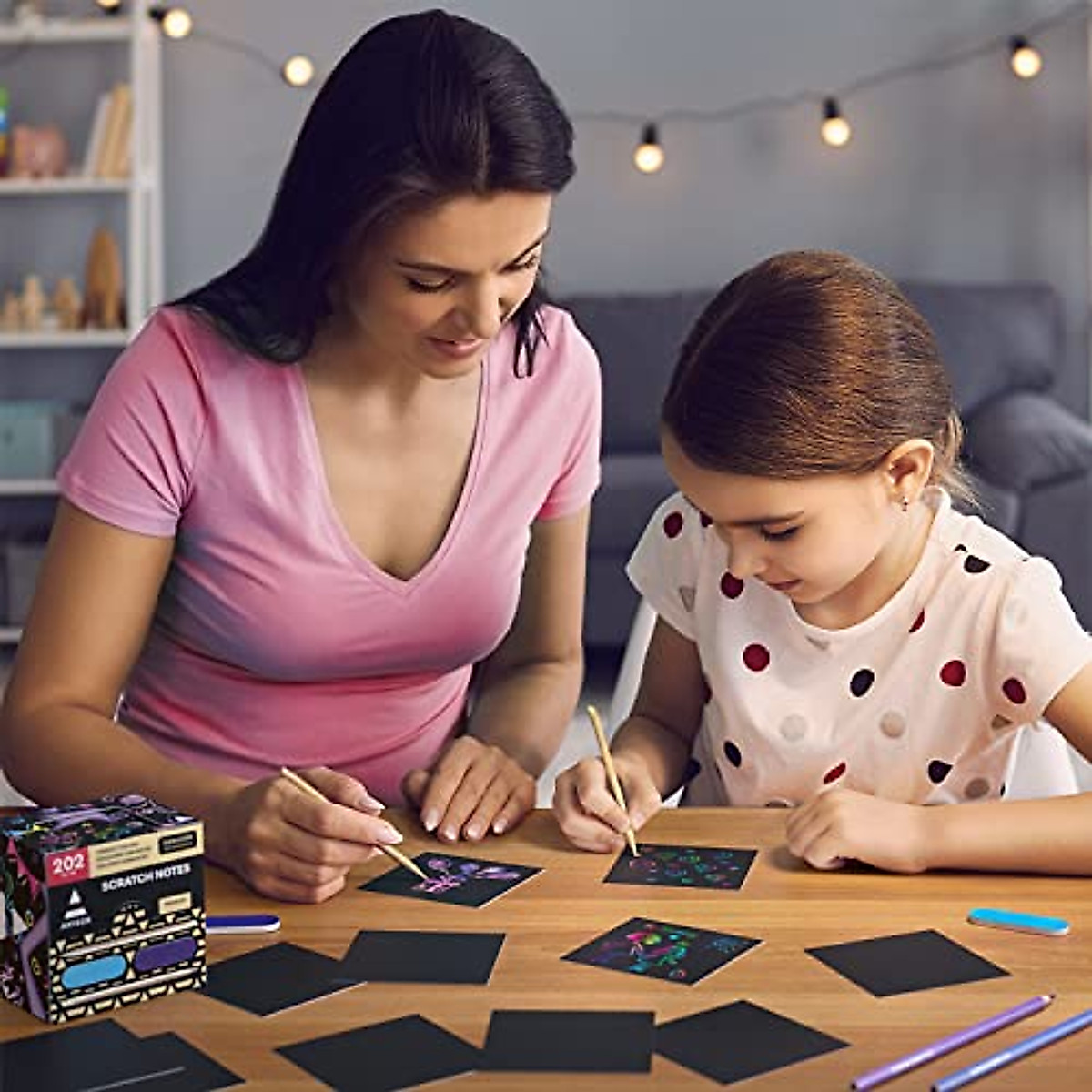 Arteza Scratch Paper, Set of 202 Notes, 3.5 x 3.5 Inches, 200 Rainbow and 2 Gold-Foil Star Backgrounds, Includes 2 Scratchers and 2 Sharpeners, Art Supplies for Craft and DIY Projects
