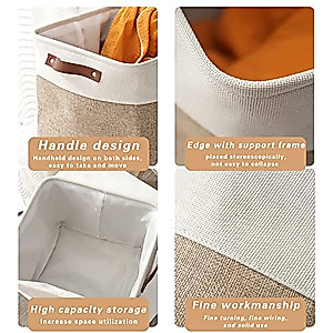 Jossens 11 Inch Fabric Baskets with Leather Handles,Foldable Cubes Storage Bins Set of 4 for Cube Organizer Home Toy Nursery Closet Bedroom(Khaki)