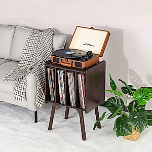 LELELINKY Record Player Stand, Walnut Vinyl Record Storage Table with 4 Cabinet Up to 100 Albums,Mid-Century Modern Turntable Stand with Wood Legs,Vinyl Holder Display Shelf for Bedroom Living Room