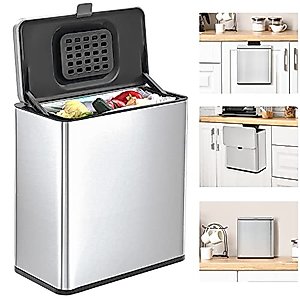 LAND·VOI Hanging Kitchen Compost Bin 6 Liter/1.6 Gallon, Small Trash Can with Detachable Inner Bucket for Cupboard/Countertop/Bathroom/Camping, Includes Charcoal Filter, Brushed Stainless Steel