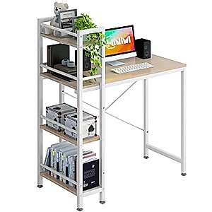 4NM 35" Small Computer Desk with 4-Tier Bookshelf, Home Office Desk Writing Workstation Study Table Multipurpose for Small Space Work - Natural and White