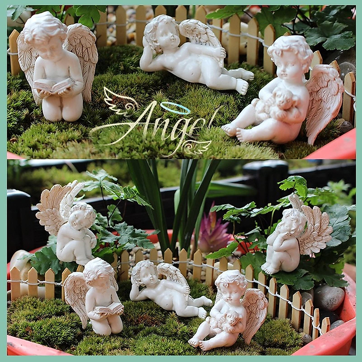 Set of 5pcs Miniature Angel Figurine, Mini White Baby Cherub Wings Fairy Garden Statue Resin Bonsai Ornaments Flower Pot Sculpture for Outdoor Micro Landscape Lawn Décor