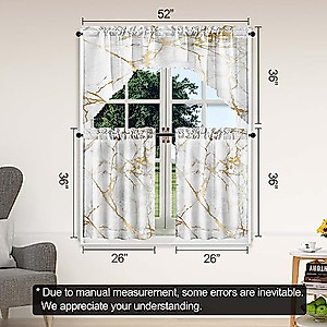 ULQUISNCE Marble Luxury Gold Tier and Swag Window Curtain Set, 3Pcs Kitchen Curtain Marble Art Valance Set White Rod Pocket Curtain for Kitchen Window Modern Unique Patterns