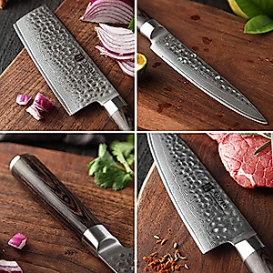 XINZUO 7PC Damascus Steel Kitchen Knife Set with Acacia Wood Block,Multifunctional Kitchen Scissors,Professional Sharp Chef Knife Forged Vegetable Knife with Pakkawood Handle- He Series