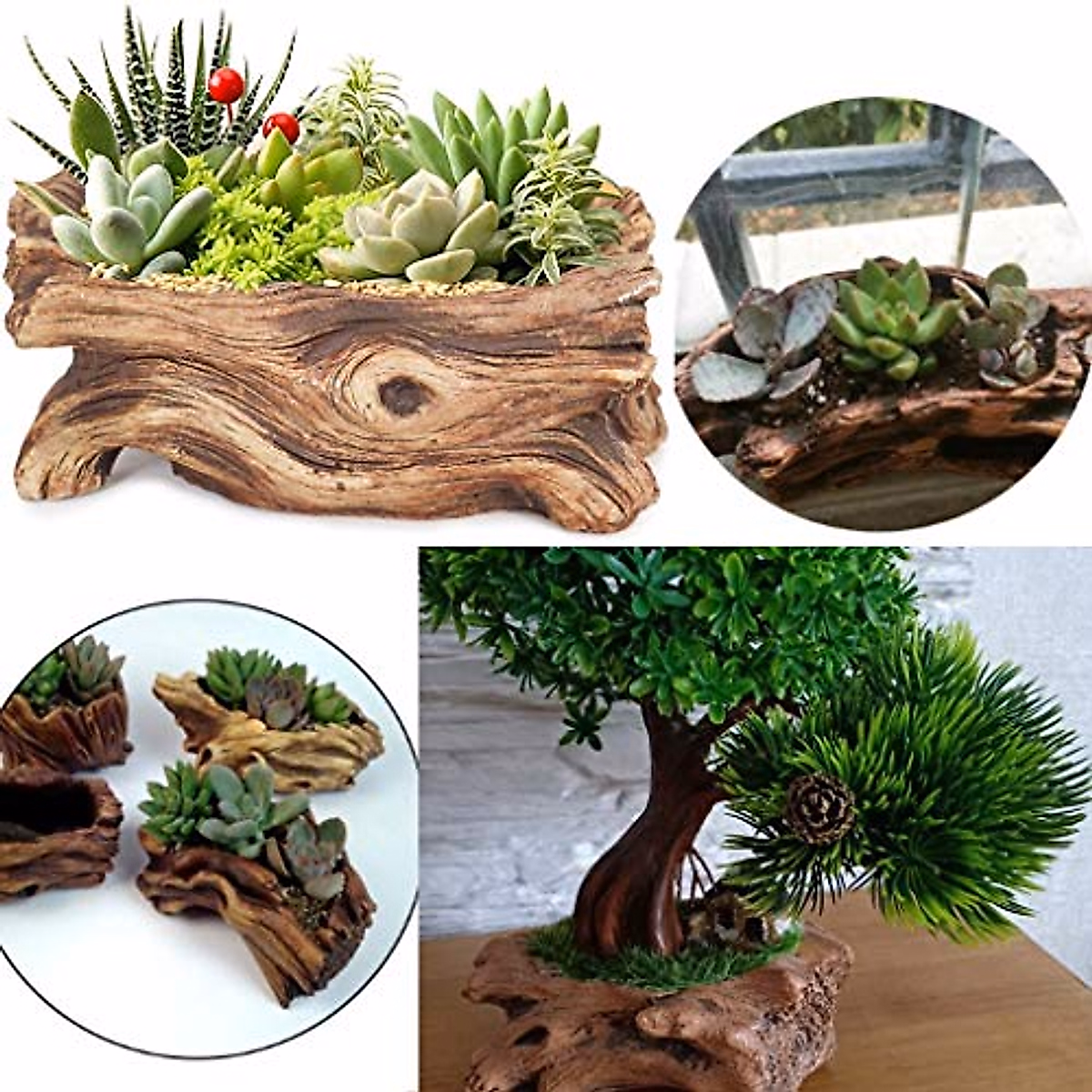 WellieSTR 1pc Wood Stump Log Concrete Planter/Succulent Pot/Plant Pot, Imitating Wood Flower Cement Planters for Succulents Flowerpots Bonsai Decor,16x10x6cm