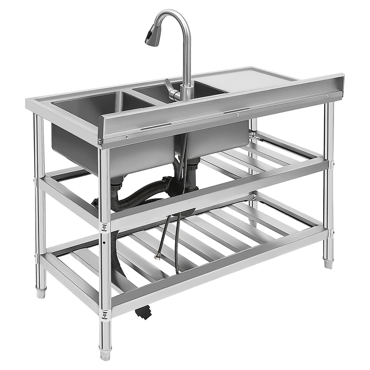 Free Standing Commercial Kitchen Sink 2 Compartment Stainless Steel Prep & Utility Sink 201 Stainless Steel Freestanding Kitchen Sink for Restaurant, Kitchen, Outdoor (Dual Bowl Style w/Baffle)