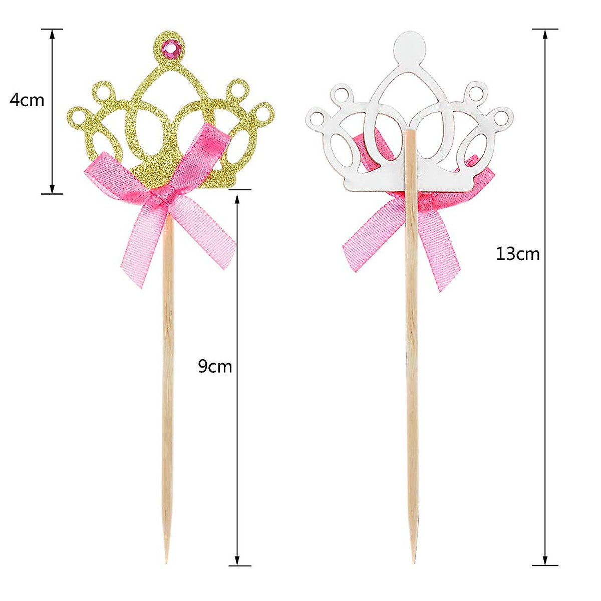 Morndew 24 PCS Gold Glitter Princess Crown Cupcake Toppers Tiara Cupcake Toppers with Pink Bows for Kids' Birthday Party Wedding Party Baby Shower Decorations