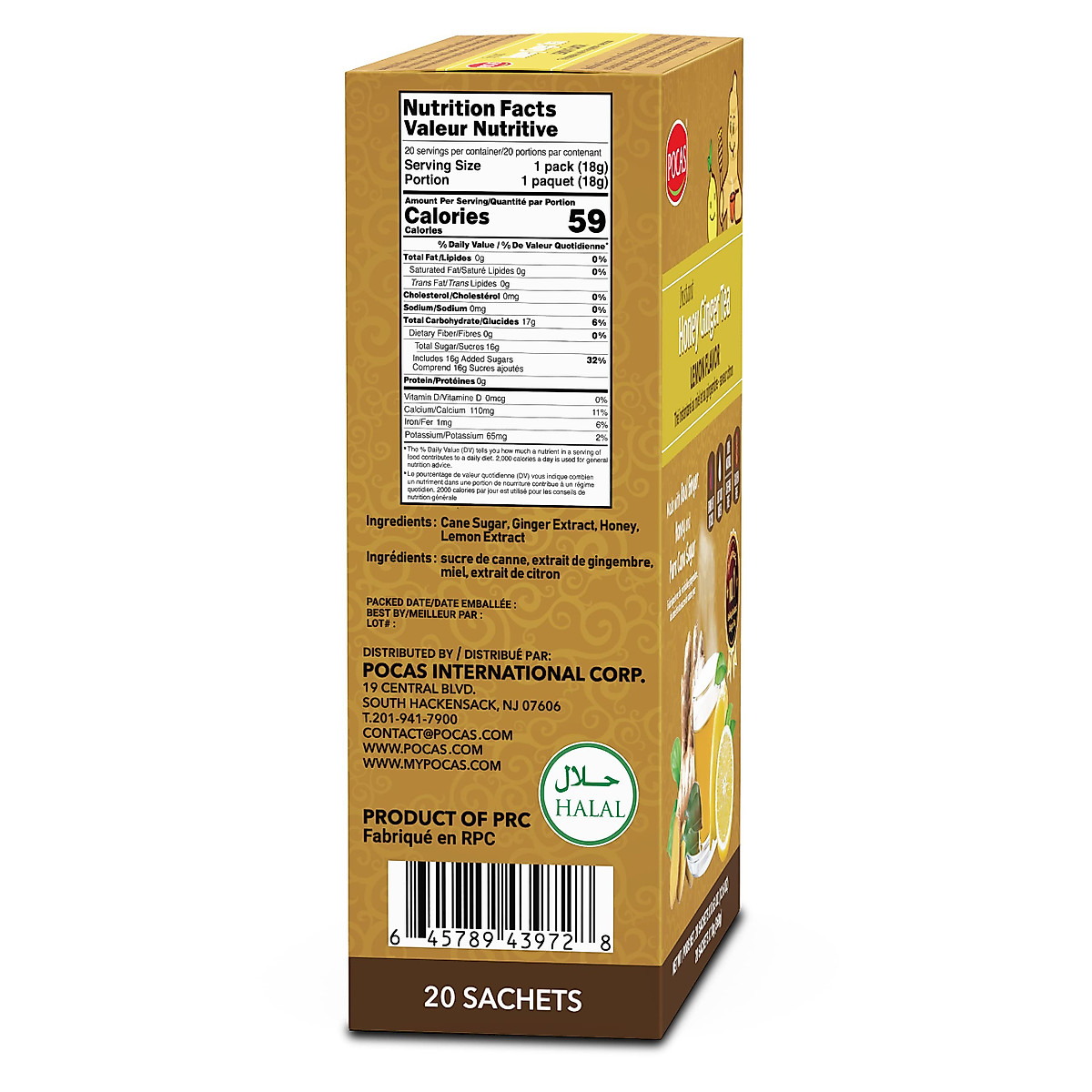 Pocas Honey Ginger Tea - Instant Tea Powder Packets with Lemon & Ginger Honey Crystals Tea, Non-GMO/Gluten Free/Caffeine Free Tea, 20 Count (Pack of 2)