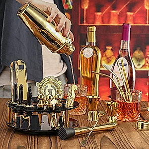 X-cosrack 19-Piece Bar Set,Gold Cocktail Shaker Set for Drink Mixing:Stainless Steel Bar Tools with Rotating Stand,Professional Bartender Kit for Home Bars, Parties