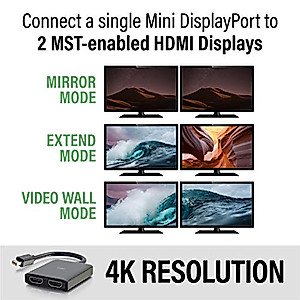 C2G 54292 USB Powered 4K 2-Port Mini DisplayPort to HDMI MST Hub Monitor Splitter, Black