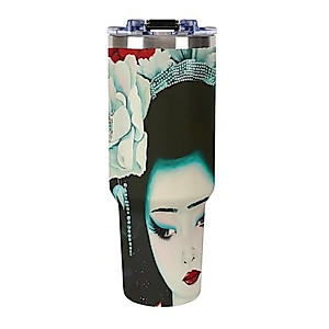 Japanese Geisha Insulated Tumbler with Lid And Straw Stainless Steel Travel Coffee Mug 40oz Light Rose Red-style