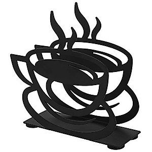 MyGift Black Metal Upright Dining Table Napkin Holder with Cafe Steaming Cup Cutout Design, Countertop Kitchen Coffee Bar Decor