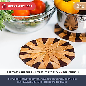Wooden Trivets for Hot Dishes - 2 pcs Natural Handmade Wood Trivet Mat - Sturdy and Durable 7'' Kitchen Hot Pads - Wooden Trivet Frame for Hot Pots and Pans - Perfect Kitchen Gifts Idea