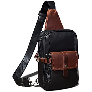 CENUNCO Genuine Leather Sling Bag Leather Crossbody Sling Backpack Concealed Carry Chest Bag Black Casual Hiking Motorcycle Bags Anti-Theft Travel Purse Fanny Pack