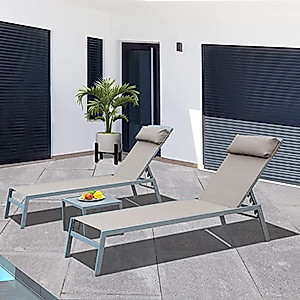 Domi Patio Chaise Lounge Set of 3, Aluminum Lounge Chairs with 5 Adjustable Positions, Outdoor Chaise Lounge for Pool, Deck, Garden, Backyard, Sunbathing(Khaki)