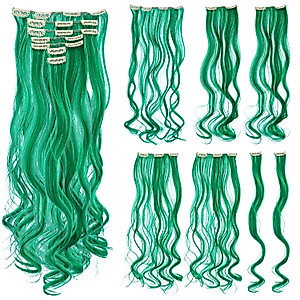 SWACC 7 Pcs Full Head Party Highlights Clip on in Hair Extensions Colored Hair Streak Synthetic Hairpieces (20-Inch Curly, Green)