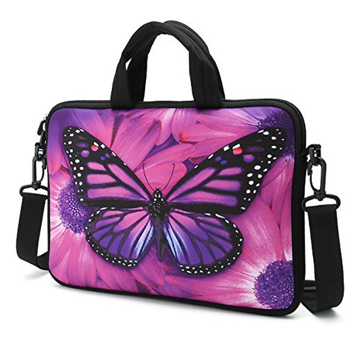 AUPET 16 16.5 17-17.3-Inch Water Resistant Neoprene Sleeve Notebook Neoprene Messenger Case Tote Bag with Outside Handle and Adjustable Shoulder Strap & Extra Pocket(Purple Butterfly)