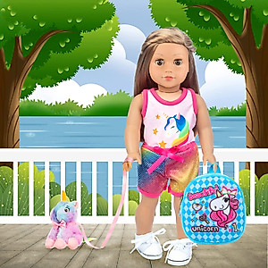 K.T.Fancy 7 PCS 18 inch Dolls Bag Carrier Set and Accessories Including 18 Inch Doll Clothes, Shoes, Sunglasses, Doll Backpack and Toy Unicorn (NO Doll)