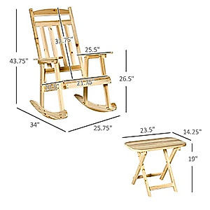 Outsunny 2 Piece Wooden Rocking Chair & Folding Outdoor Table Set, Front Porch Rocker with Armrests and High Back for Outside, Natural