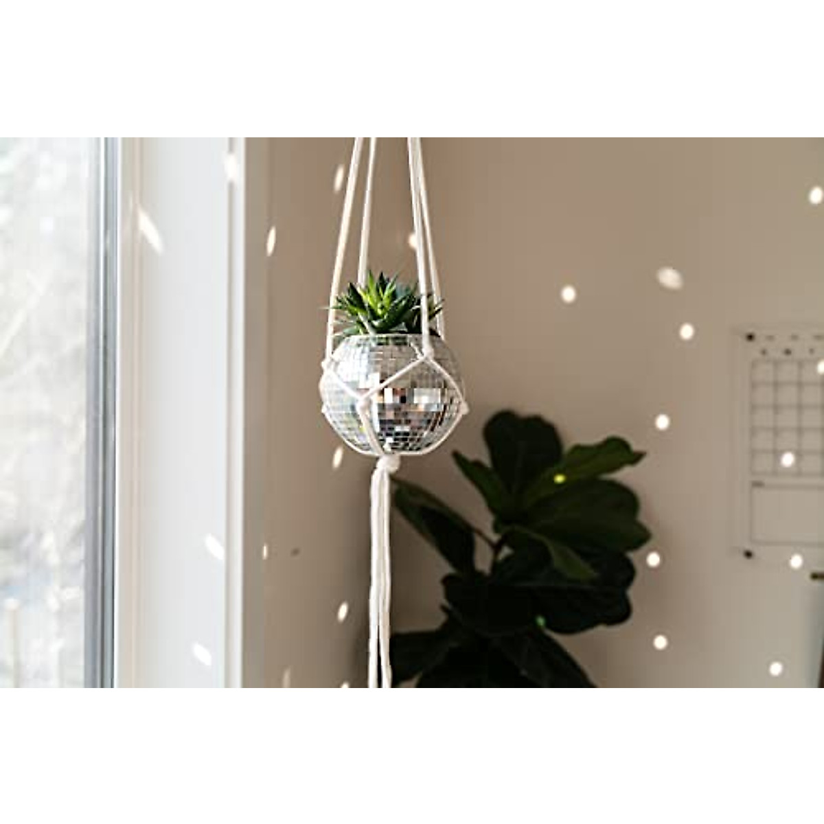 Havenstone Home Hanging Disco Ball Planter 6" with Flat Base - Includes Self-Watering Insert + White Cotton Macrame Plant Hanger- Indoor/Outdoor Plants, Home Décor & Room Décor with Cotton Rope