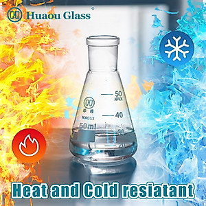 HUAOU 3pcs Glass Erlenmeyer Flask Set, 50ml 150ml 250ml Laboratory Flask with Stopper, Lab Chemistry 3.3 Borosilicate, Narrow Mouth, Printed Graduation, Conical Flask with Cleaning Brush