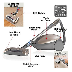 Kenmore Elite 81714 Pet Friendly Ultra Plush Lightweight Bagged Canister Vacuum with Pet PowerMate, HEPA, Extended Telescoping Wand, Retractable Cord, and 3 Cleaning Tools-Champagne