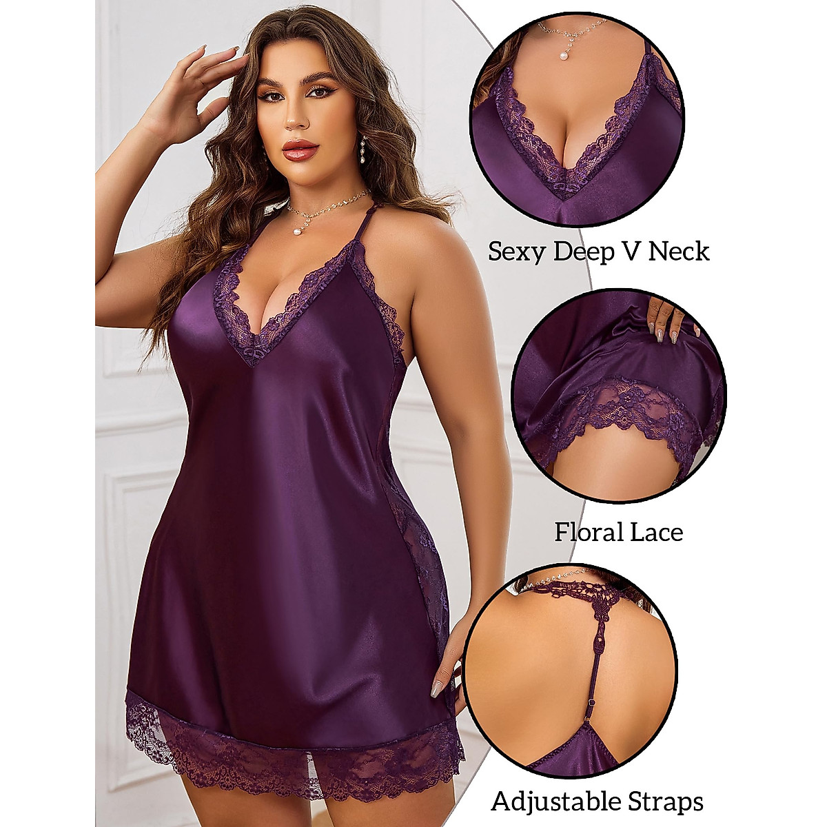 Avidlove Women Lingerie Plus Size Satin Lace Chemise Nightgown Sexy Full Slips Sleepwear Large-4X-Large (XXX-Large, 1 Purple)