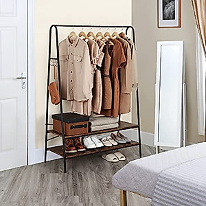 Finnhomy 39.4“L Clothes Rack with 2 Wood Shelves, Clothing Racks for Hanging Clothes Heavy Duty Garment Display Rack, Rustic Metal Portable Closet with Shoes Rack for Bedroom/Entryway/Boutiques