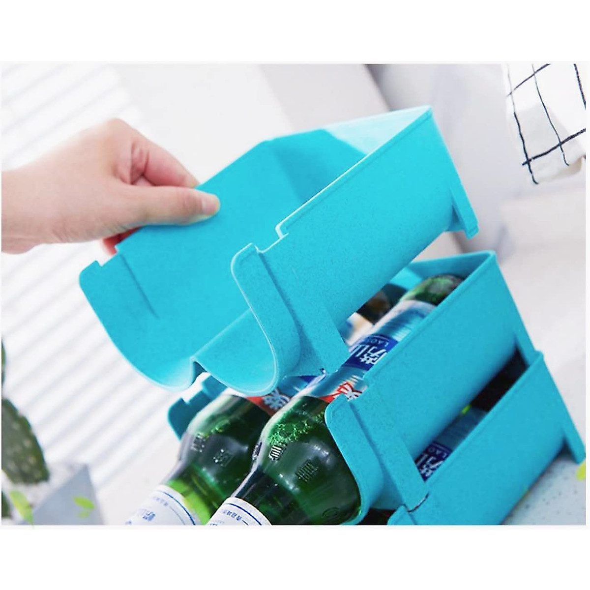 KANBAZE 2 Pack Free-Standing Beer Rack Storage Organizer for Fridge Kitchen, Table Top, Pantry Fridge, Bottle Rack Holds Beer, Pop/Soda, Water Bottles - Stackable, 2 Bottles Each (Green)