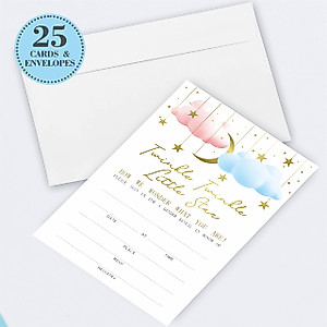 JCVUK Set of 25 Baby Shower Invitations with Envelopes, Diaper Raffle Tickets and Baby Shower Book Request Cards, Twinkle Twinkle Little Star, Gold Moon And Stars Theme Gender Reveal Party(YQKTZ-A05)