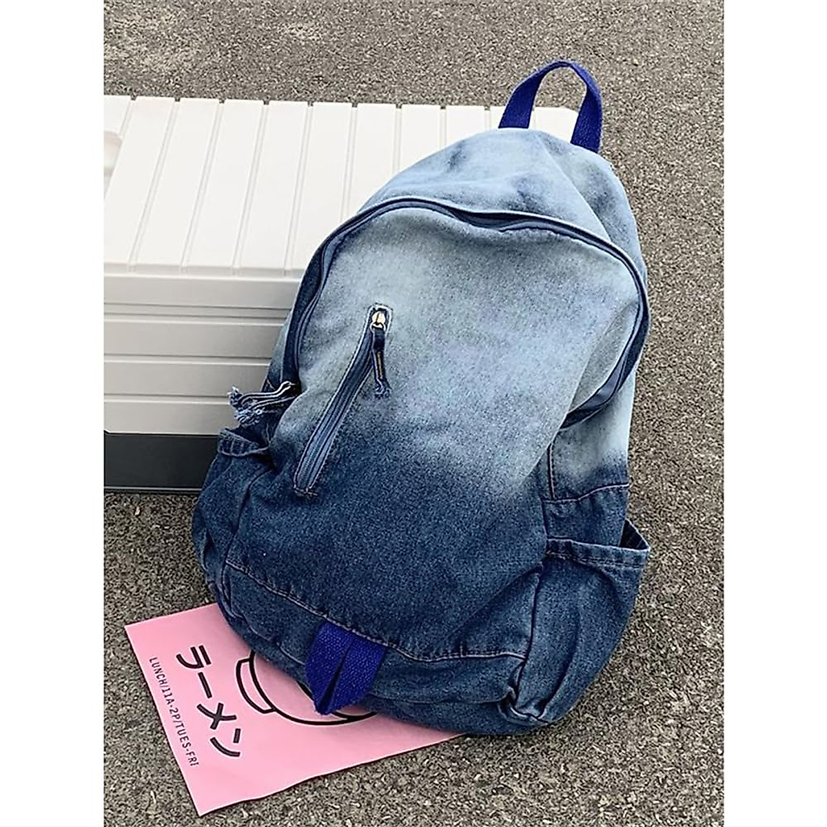 ASNAT Aesthetic Denim Washed Backpack Large Capacity Japanese Fashion Tie Dye Bag (Blue)