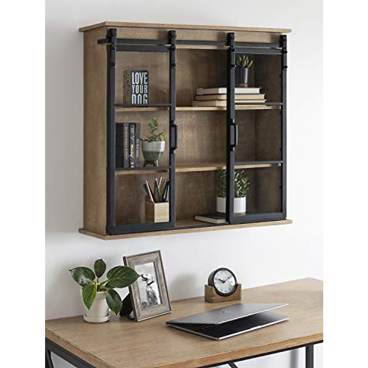 Kate and Laurel Barnhardt Decorative Wooden Wall Cabinet with Two Sliding Glass Doors, 30" x 28", Rustic Brown, Barndoor Modern Farmhouse Storage