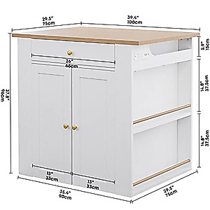 IRONCK Kitchen Island with Storage, Large Organized Storage Space with Power Strip, 2-Door Cabinet and 2 Open Shelves/Dual Side Drawers/5 Open Spice Racks, 29.5" D x 39.4" W x 37.8" H, White