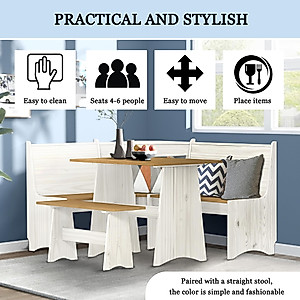 KYLE & KAY 3-Piece Dining Table Set, Corner Breakfast Nook Corner Set with Bench and Corner Seat, Space-Saving Kitchen Table for 4-6 People, Kitchen Corner Table, White