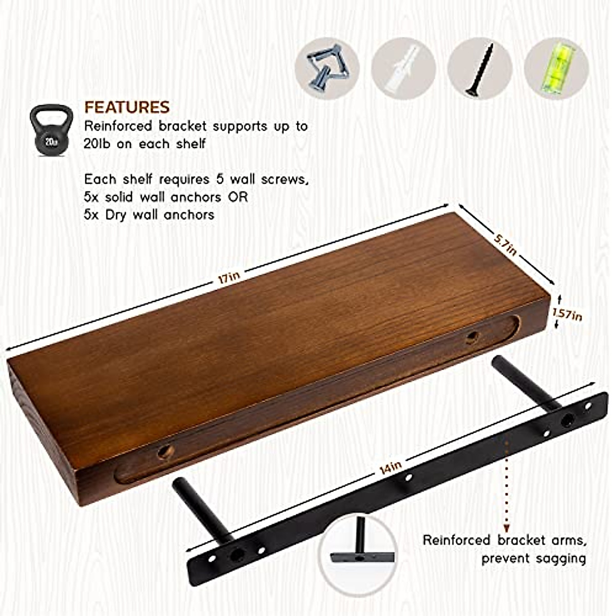 HOMESAURUS Floating Shelves Set of 2 Wall Mounted Shelves for Bedroom Decor, Bathroom Set, Living Room Decor and Kitchen Wall Shelves Decoration - Storage Shelf Rack & Display Shelves Decorations