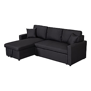 Pemberly Row Black Fabric Reversible Sleeper Sectional Sofa w/Storage Chaise