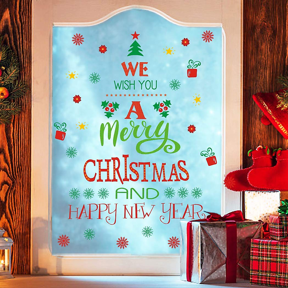 TOARTi Merry Christmas Quotes Wall Decals Happy New Year Quotes Stickers Christmas Tree Snowflake Stickers for Wall Christmas Party Supplies Christmas Window Clings