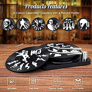 Valdivia Vinyl Record Coasters for Drinks with Record Player Holder, 6 Pcs Retro and Legendary Coasters Set, Funny Coasters for Housewarming Gifts, Music Lovers Gifts, Wedding Registry Gift Ideas