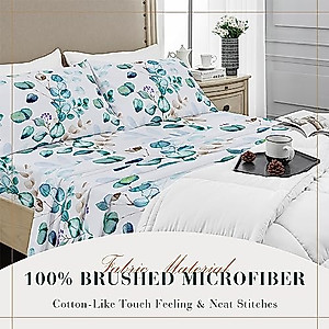 YIYEA Queen Sheet Set - Plant Print - Luxury Brushed Microfiber Bed Sheets - Lightweight Breathable Cooling Sheets for Queen Size Bed - 16" Deep Pocket, Shrinkage, and Fade Resistant - 4 PC