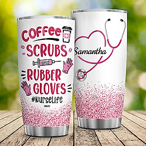 Wassmin Personalized Coffee Scrubs Rubber Gloves Nurse Life Stethoscope Tumbler Cup With Lid Vacuum Insulated Travel Mug 20oz 30oz Birthday Christmas Week Appreciation Gift Nurses Nursing (Pink 2)