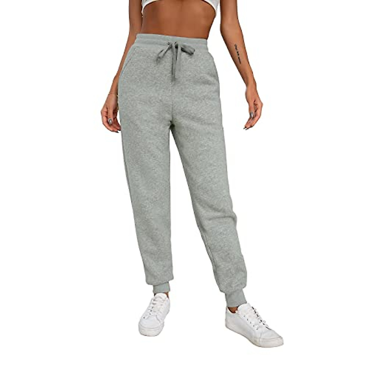 REORIA Women's Winter Warm Pants Thick Sherpa Lined Athletic Jogger Drawstring Fleece Lined Sweatpants with Pockets Light Grey Small