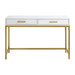 24KF Modern Century Home Office Desk with Lacquer Finish Golden Metal Base,Console Table with 2 Drawers - 80612-White