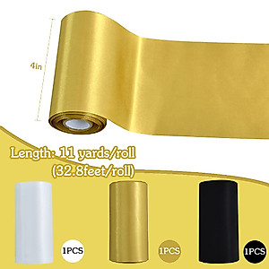 TONIFUL 3 Rolls 4 Inch Wide Ribbons, Black Gold White Satin Ribbons Set for Cutting Sewing Wedding 40th 60th 80th Birthday Party Decoration, Chair Sash Table Runner Outdoor Yard, Graduation Party