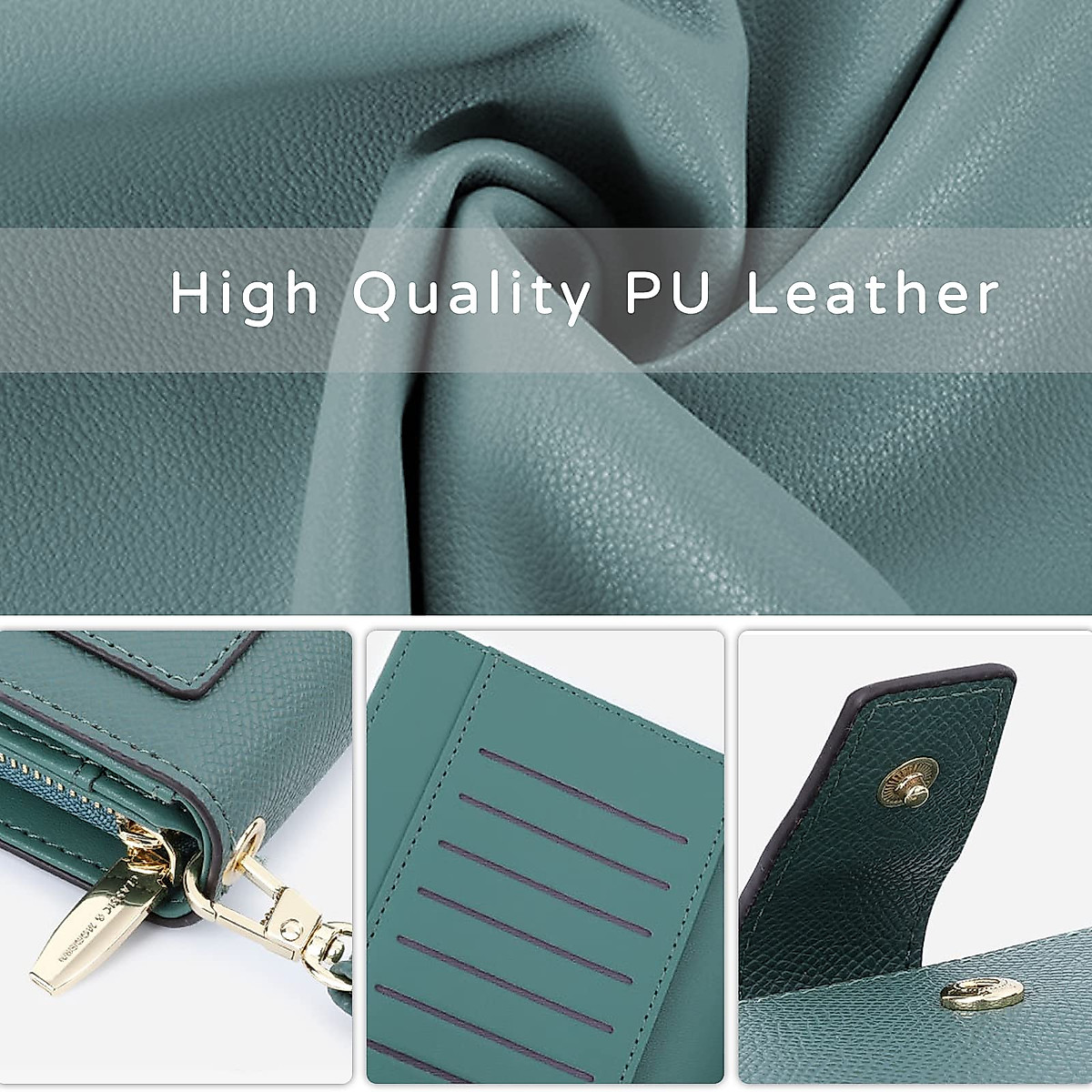 PORRASSO Wallet Women's Wristlet Bag Purse Bag Leather Card Holder Cell Phone Bag with Wrist Strap Card Slots Ladies Wallet Green
